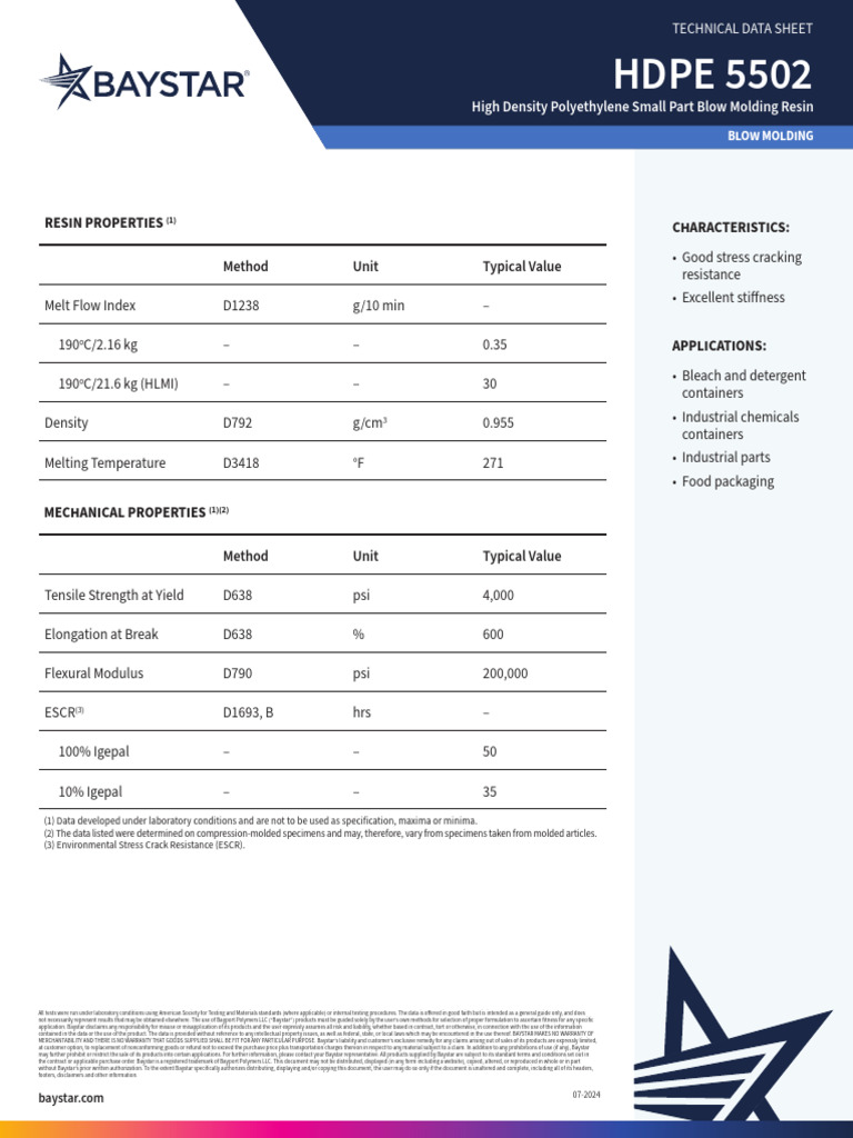 HDPE 5502 Technical Data Sheet | PDF | Physical Sciences | Applied And ...