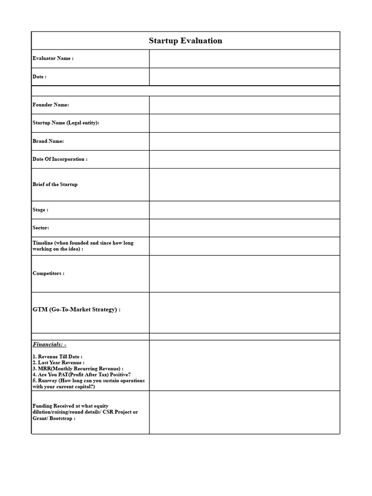 Startup Evaluation Questions | PDF