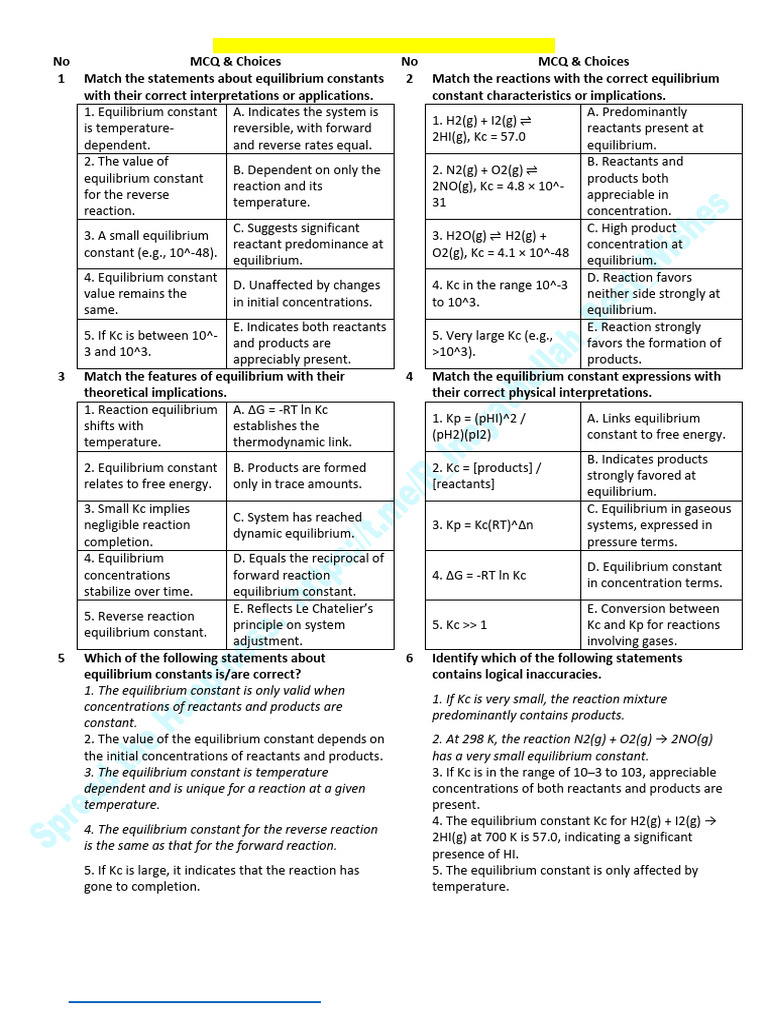 Equilibrium Constants MCQs | PDF | Chemical Equilibrium | Chemical ...