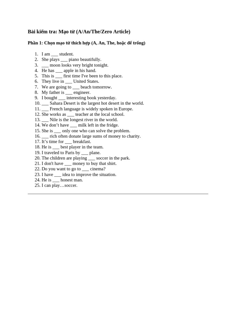Bài kiểm tra: Mạo từ (A/An/The/Zero Article) | PDF