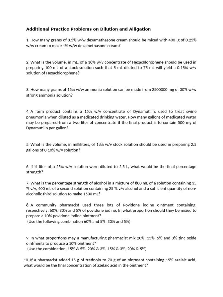 Alligation Practice Problems for Pharmacists | PDF
