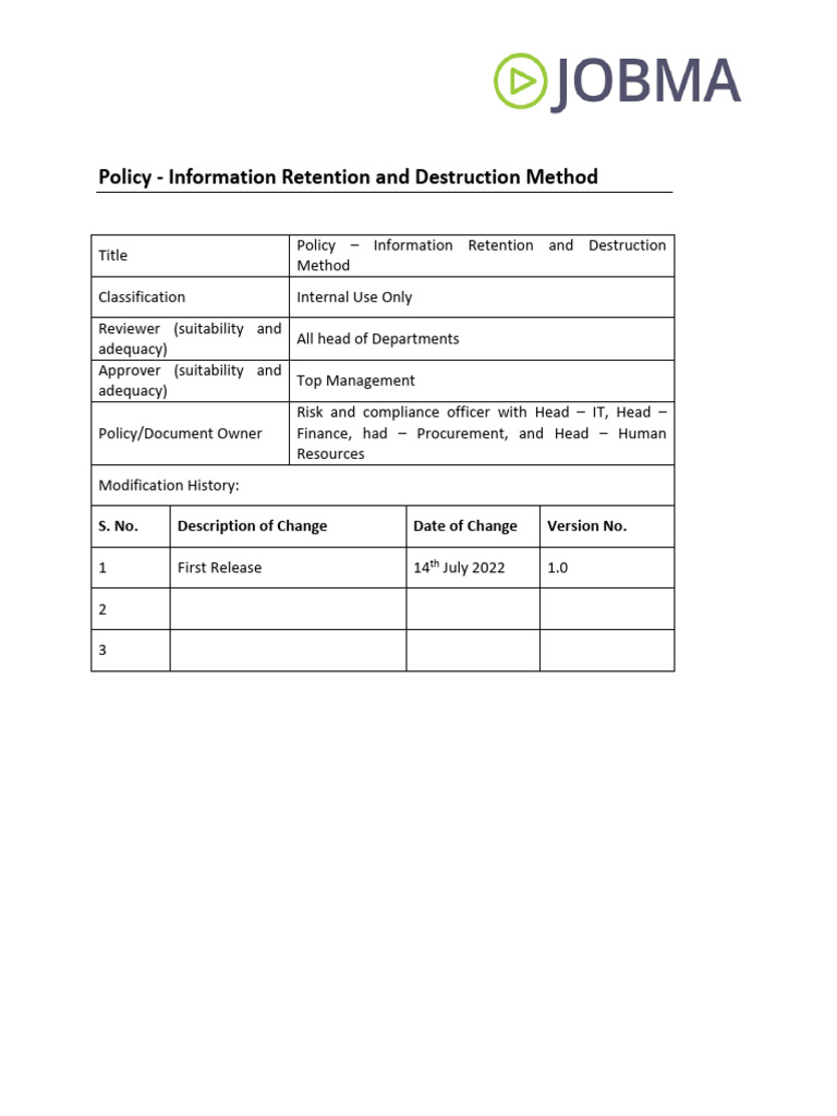 Policy - Information-Retention and Destruction Methods Row 226 | PDF ...