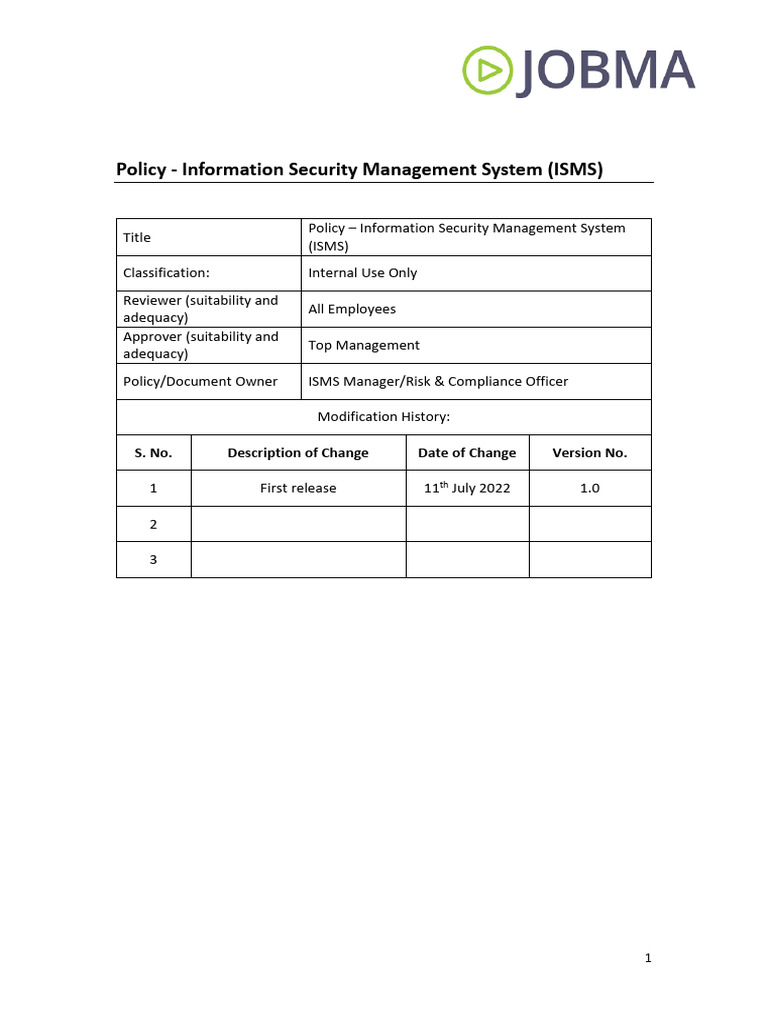 ISMS Policy Overview for Jobma | PDF | Information Security | Business
