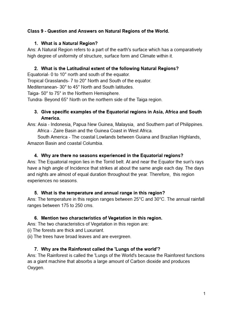 Class 9 Q&A on Global Natural Regions | PDF | Equator | Desert