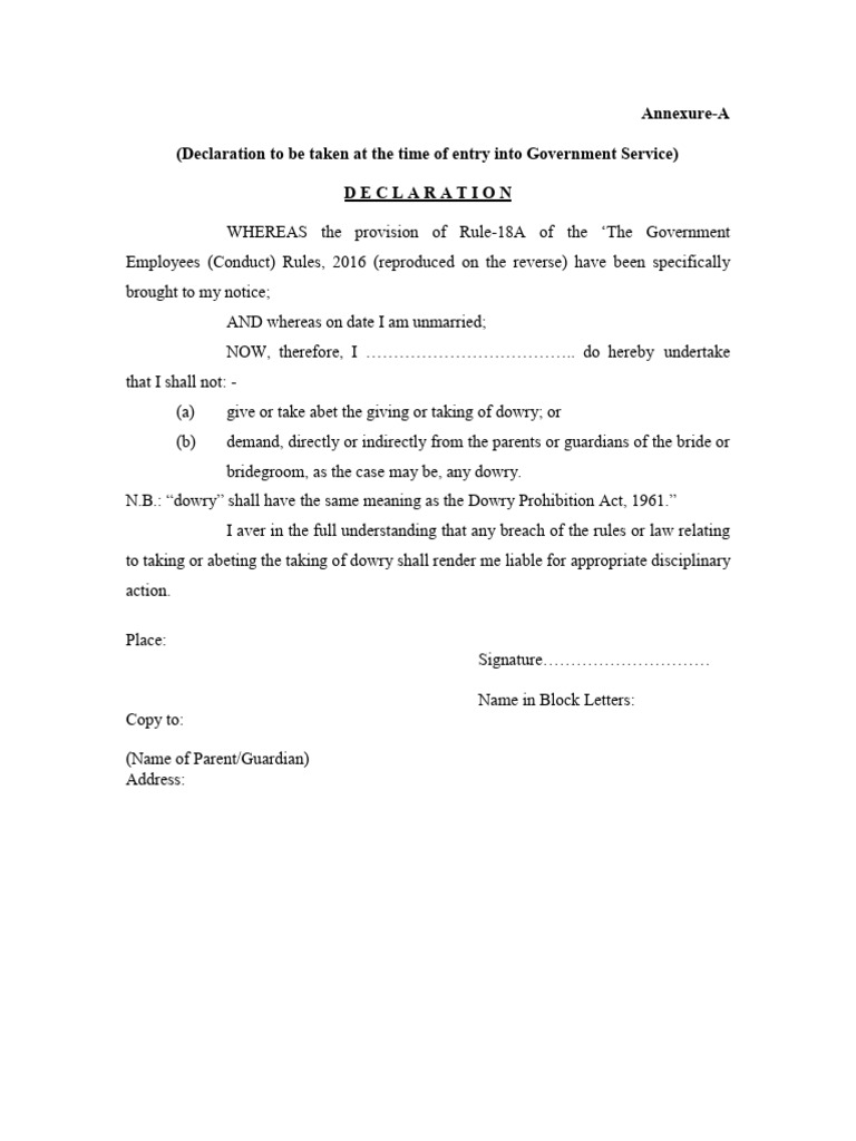 Government Service Dowry Declaration | PDF