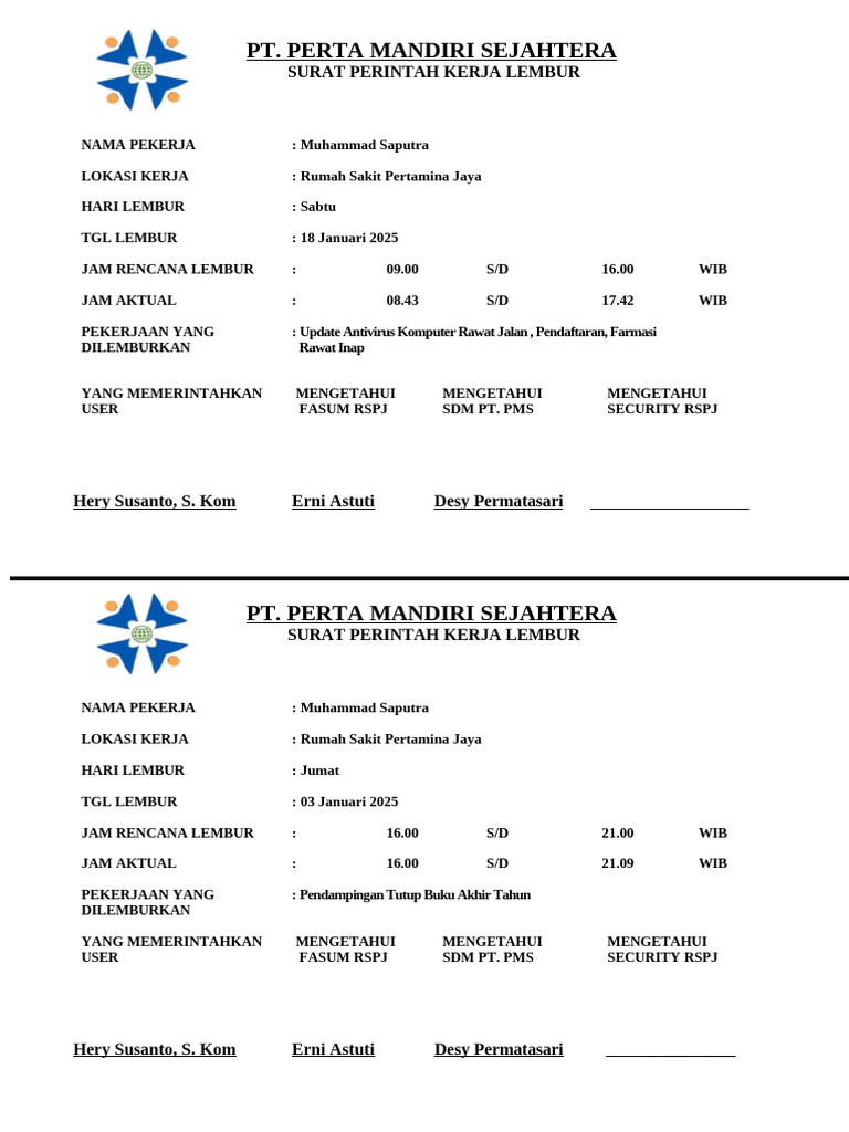 Surat Perintah Kerja Lembur RSPJ 2024 | PDF