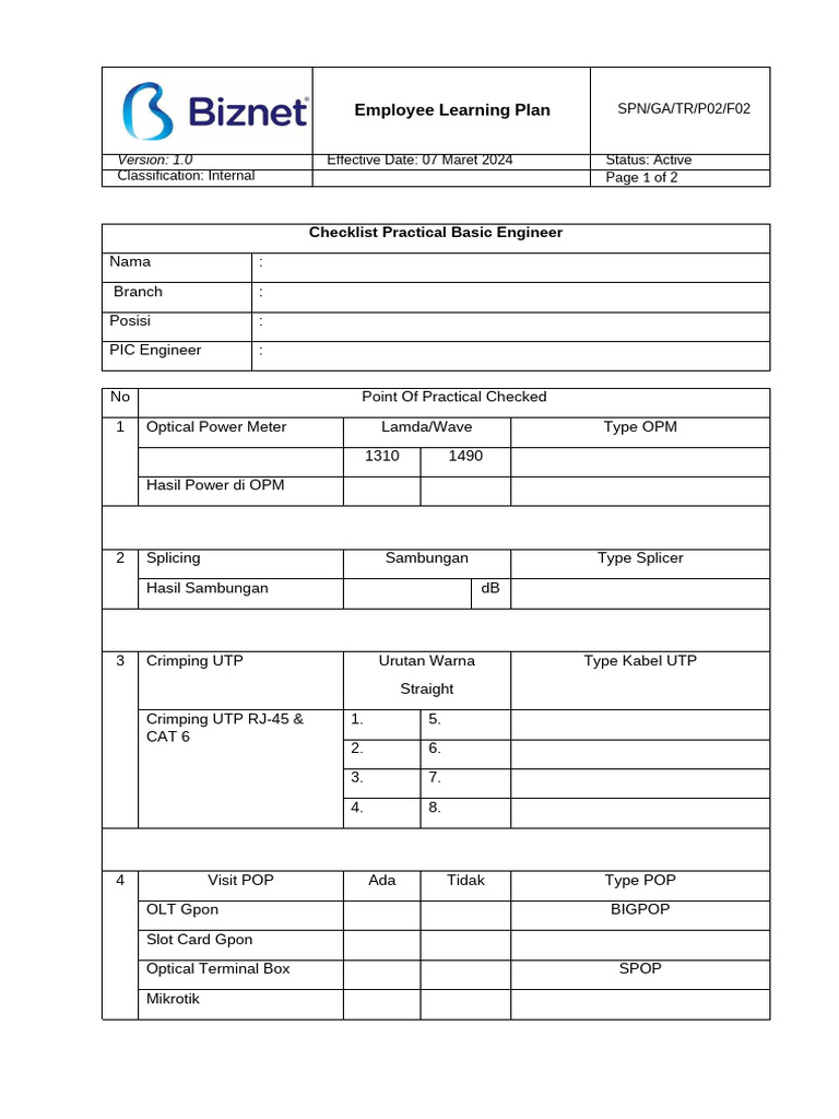 SPN-GA-TR-P02-F02 - Checklist Practical Basic Engineer | PDF | Electronics | Electromagnetic ...