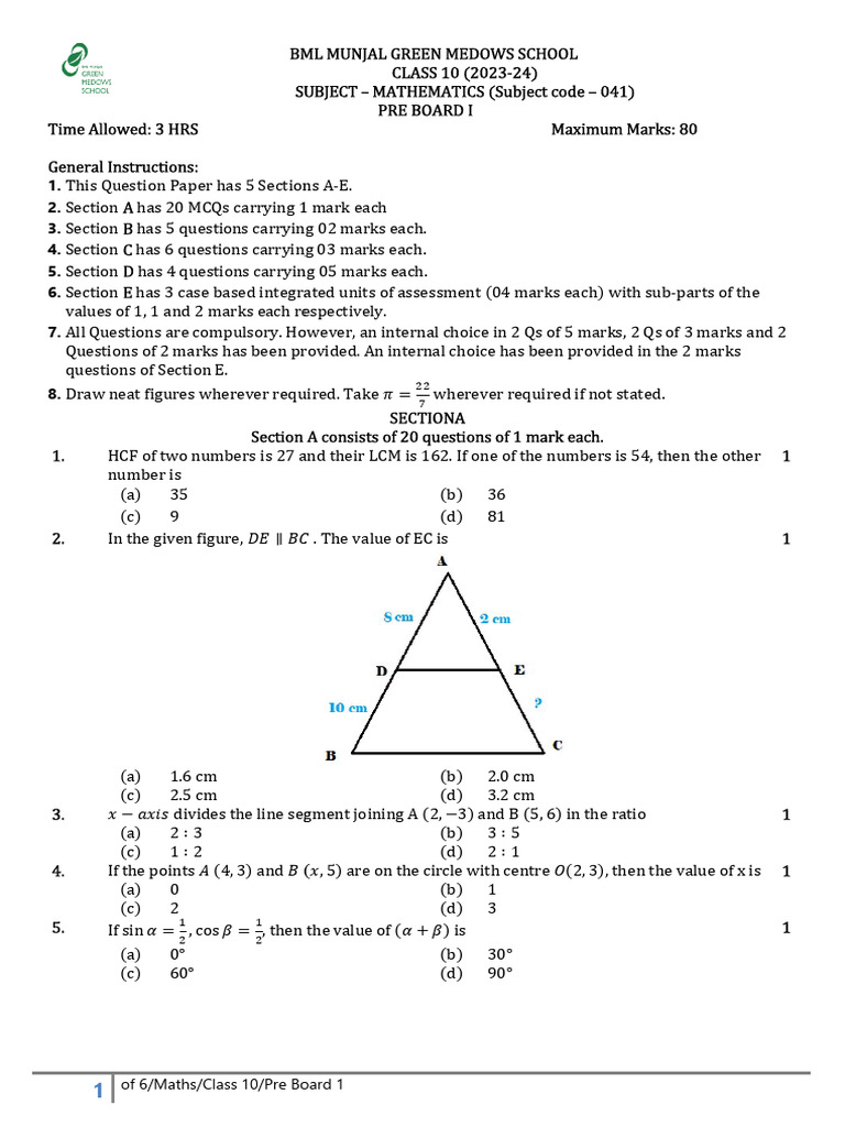Class 10 Maths Pre Board Paper - 240425 - 200248 | PDF | Circle | Area