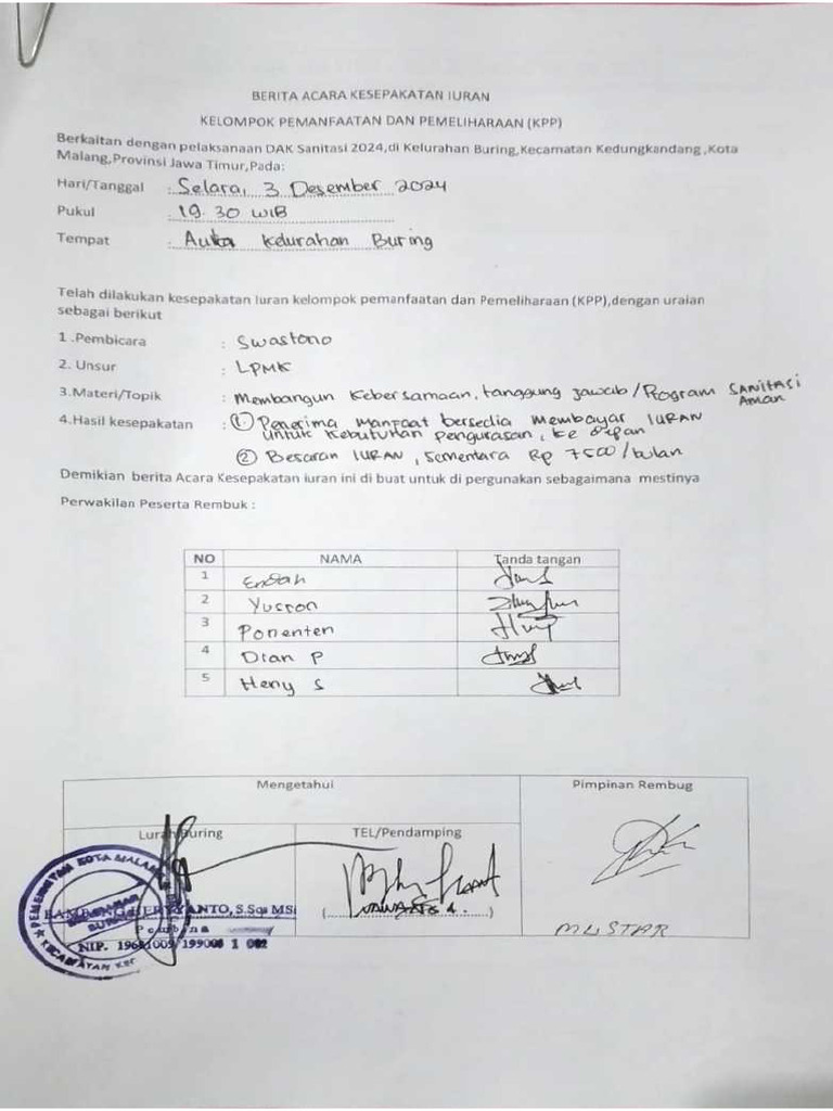 BA Kesepakatan Iuran KPP Kel. Buring | PDF