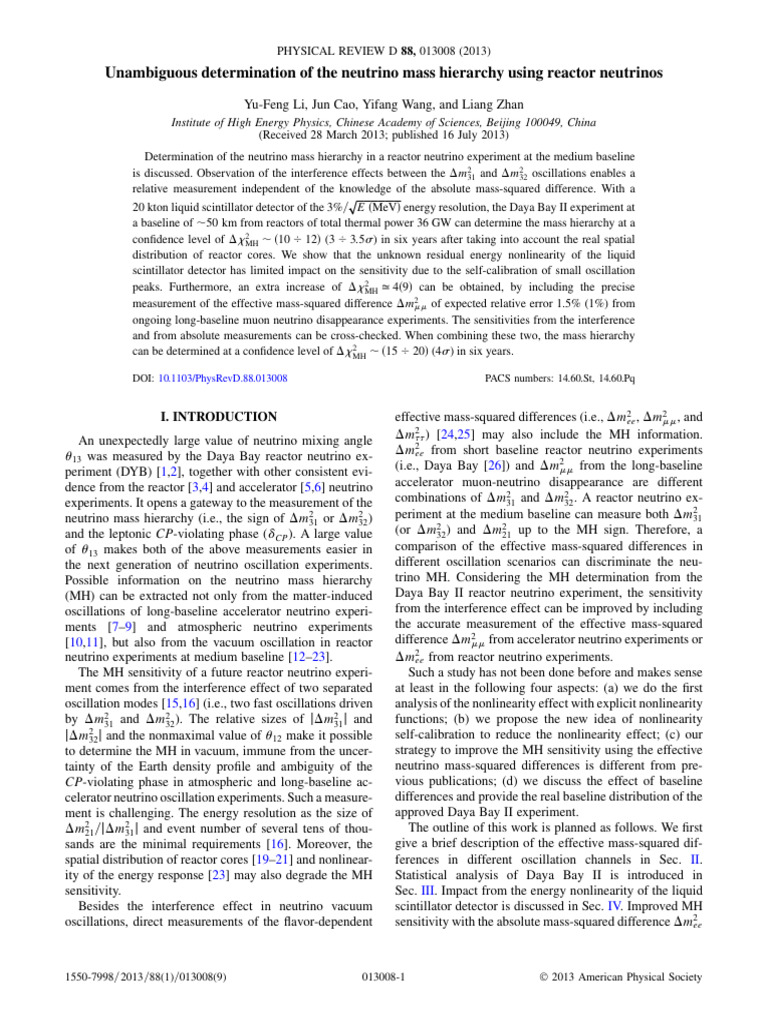 2013 - Unambiguous Determination of The Neutrino Mass Hierarchy Using Reactor Neutrinos | PDF ...