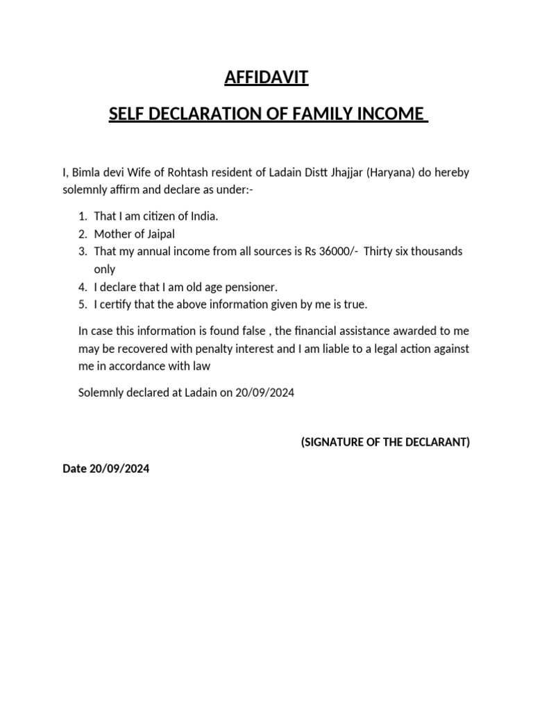 Self Declaration of Family Income | PDF