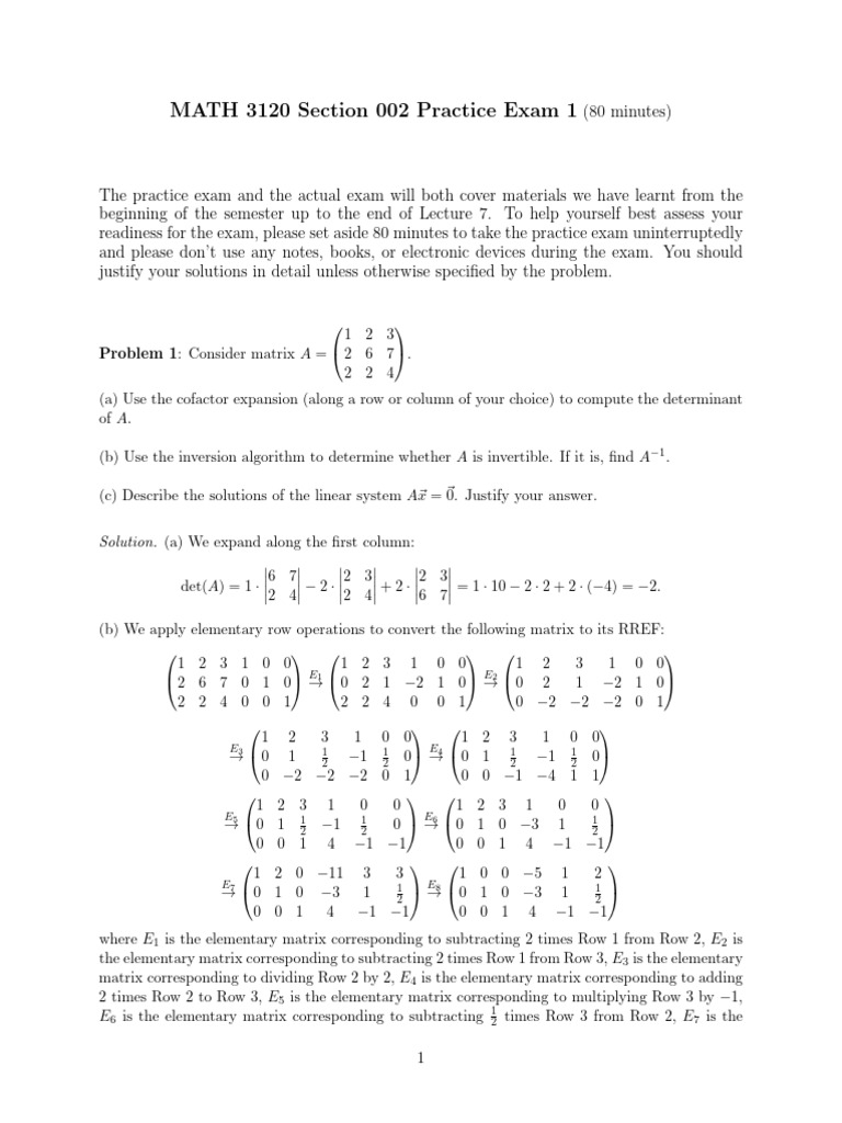 Practice Exam 1_sol | PDF | Determinant | Matrix (Mathematics)