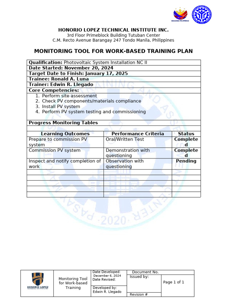 06 Monitoring-Tool For Work-Based-Training-Plan | PDF