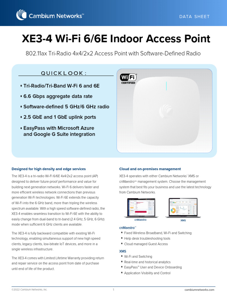 Cambium Networks Data Sheet WiFi-6-6E XE3-4 AP-2 | PDF | Ieee 802.11 | Wi Fi