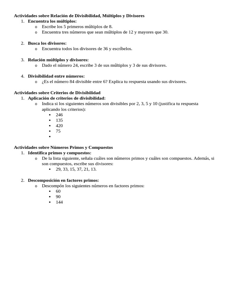 Actividades sobre Múltiplos y Divisores | PDF