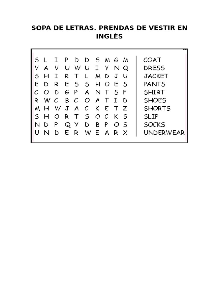 Sopa de Letras - Prendas de Vestir en Ingles | PDF