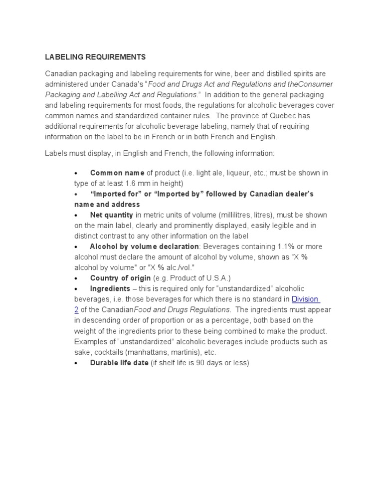 Canadian Alcohol Labeling Requirements | PDF