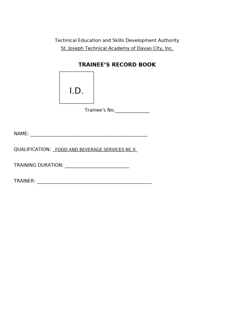 Trainee Record Book for Food & Beverage NC II | PDF | Plumbing ...