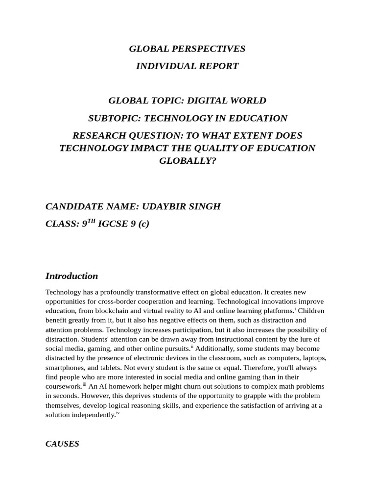 9th IGCSE Individual Report (For Finals) | PDF | Educational Technology ...