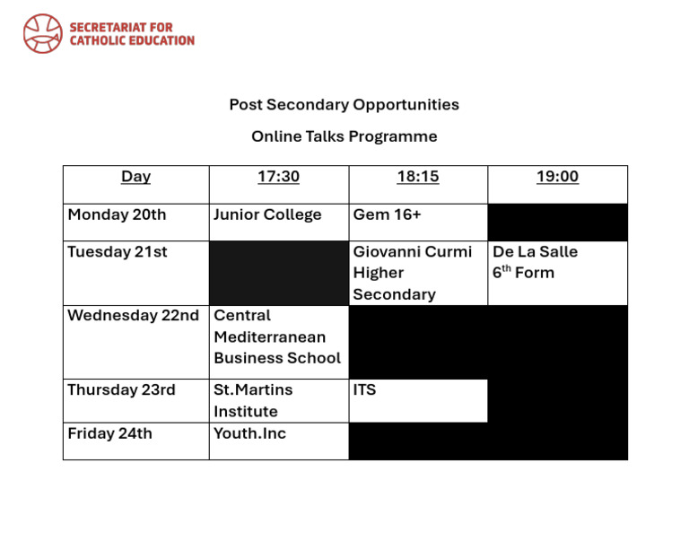 Post Secondary Online Talks Schedule | PDF