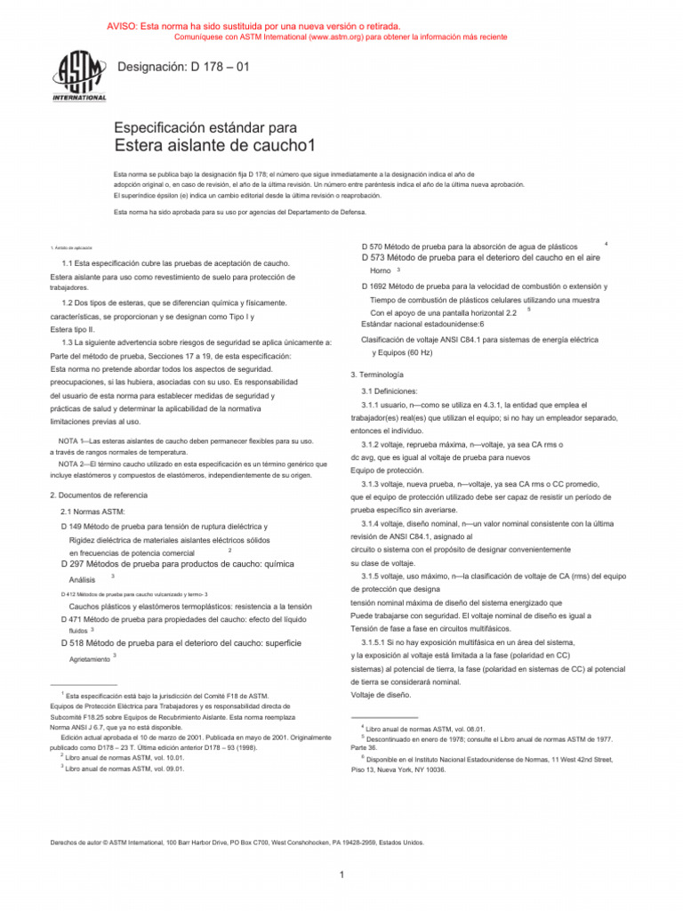 Especificación ASTM D178-01 para Esteras | PDF | voltaje | Corriente continua
