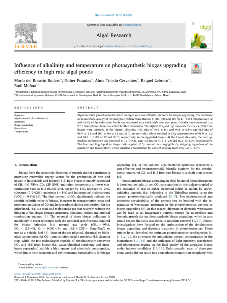 Influence of Alkalinity and Temperature On Photosynthetic Biogas Upgrading Efficiency in High ...