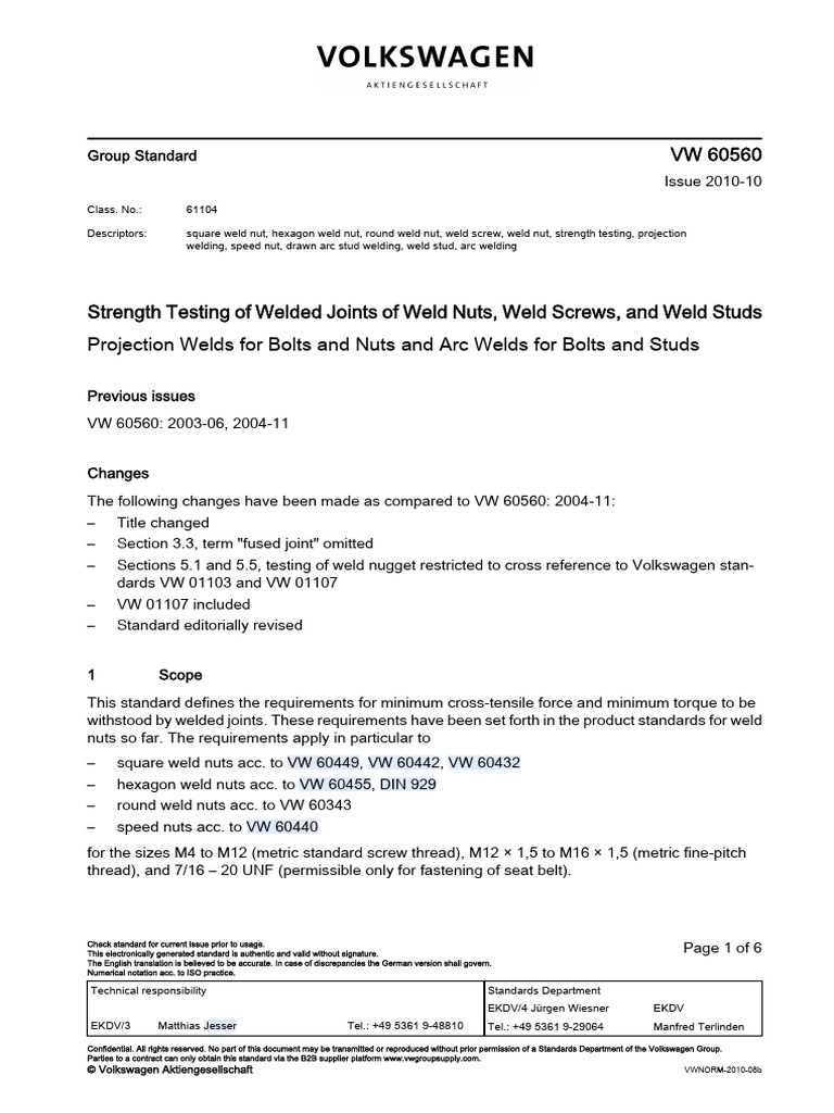 Norma Volkswagen-Vw 60560-Inglês | PDF | Screw | Welding