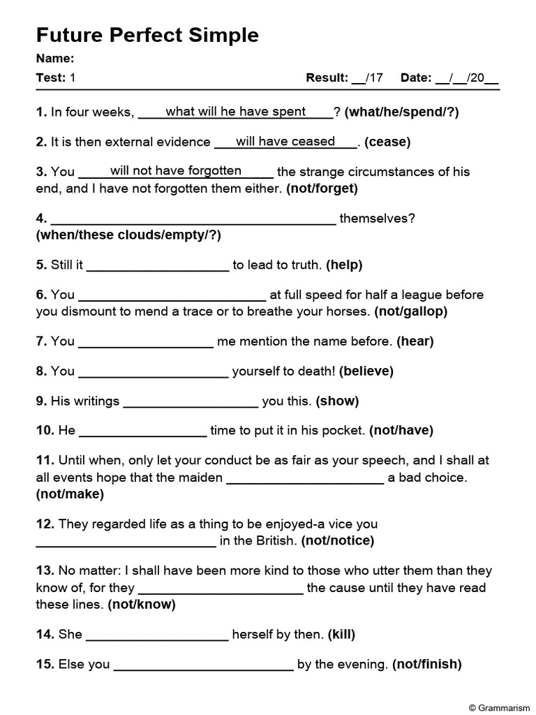 Future Perfect Simple Test Exercises | PDF