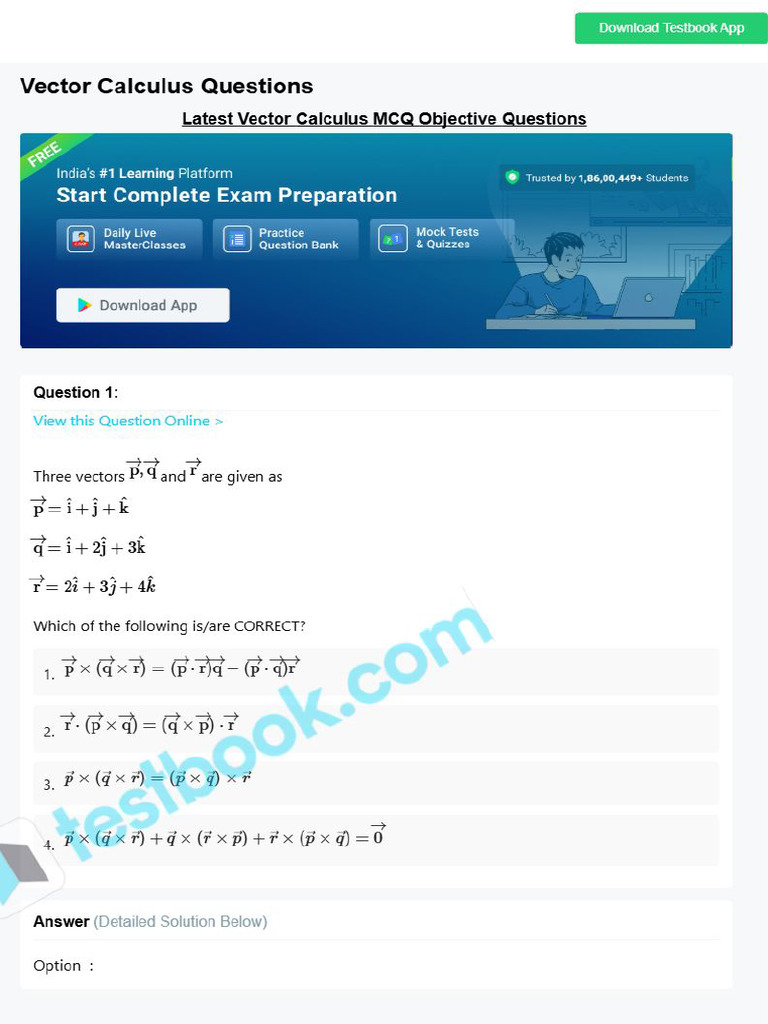 MCQ On Vector Calculus 5eea6a0b39140f30f369dd48 | PDF