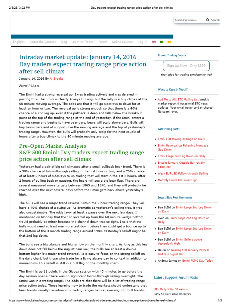 Day Traders Expect Trading Range Price Action After Sell Climax | PDF ...