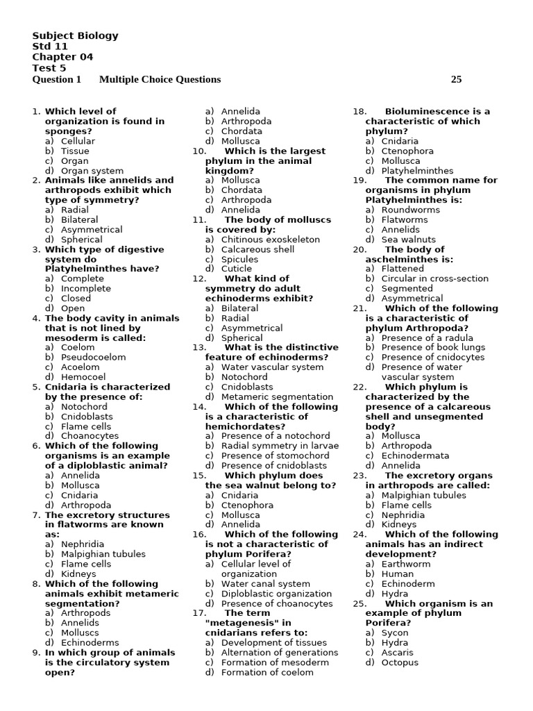11 Biology Test 5 Chapter 4 | PDF | Mollusca | Zoology