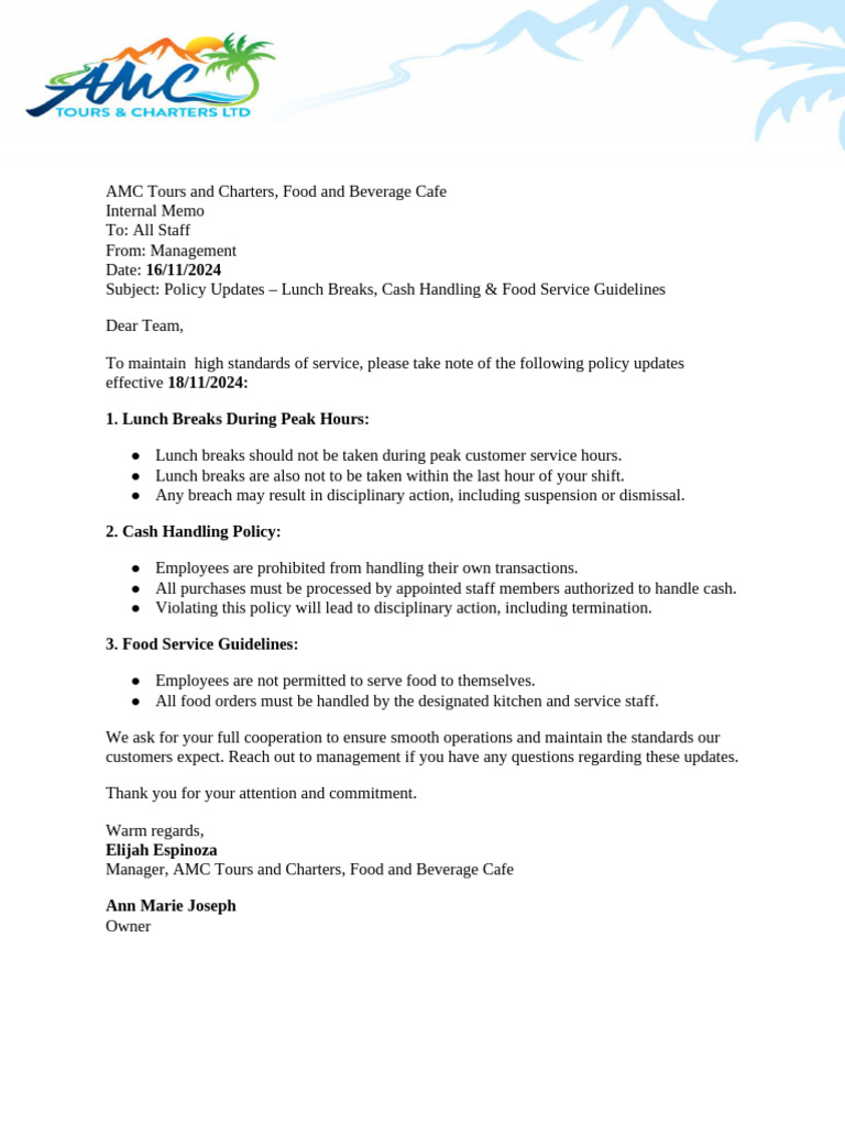 AMC Food and Beverage Cafe MEMO 2 | PDF