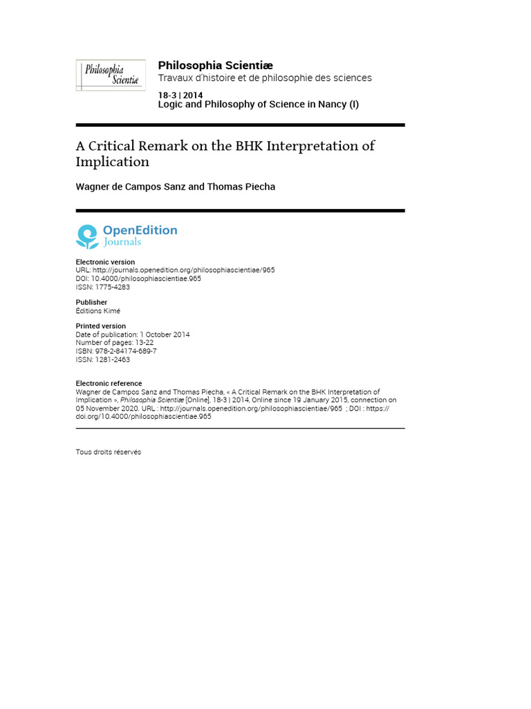 Sanz, W - A critical remark on the BHK interpretation of implication | PDF | If And Only If ...