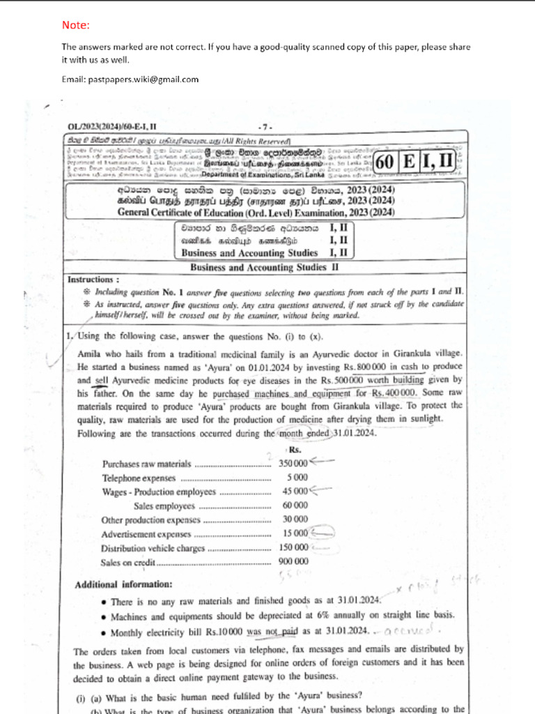OL Accounting Past Paper and Answers English Medium | PDF