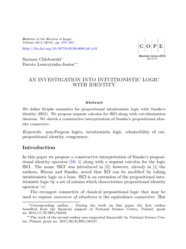 Chlebowski, S., Leszczynska, D - An investigation into intuitionistic logic with identity | PDF ...