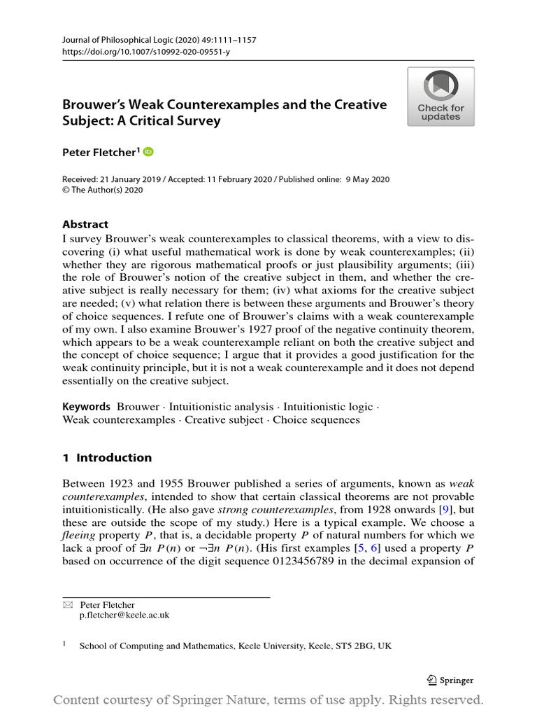 Fletcher, P - Brouwer's Weak Counterexamples and the Creative Subject. a Critical Survey | PDF ...