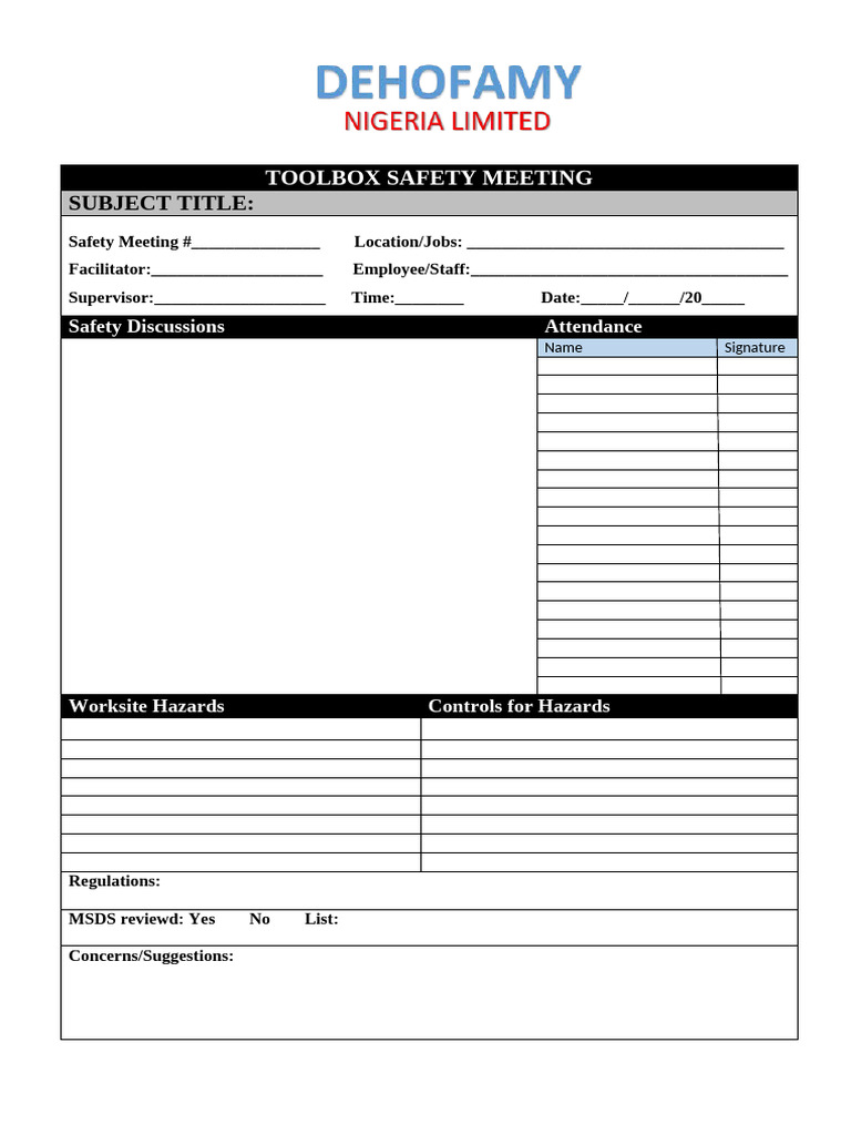 TOOLBOX SAFETY MEETING Form | PDF