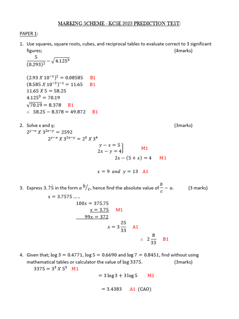 Marking Scheme - KCSE 2023 Prediction Test | PDF | Area | Mathematics