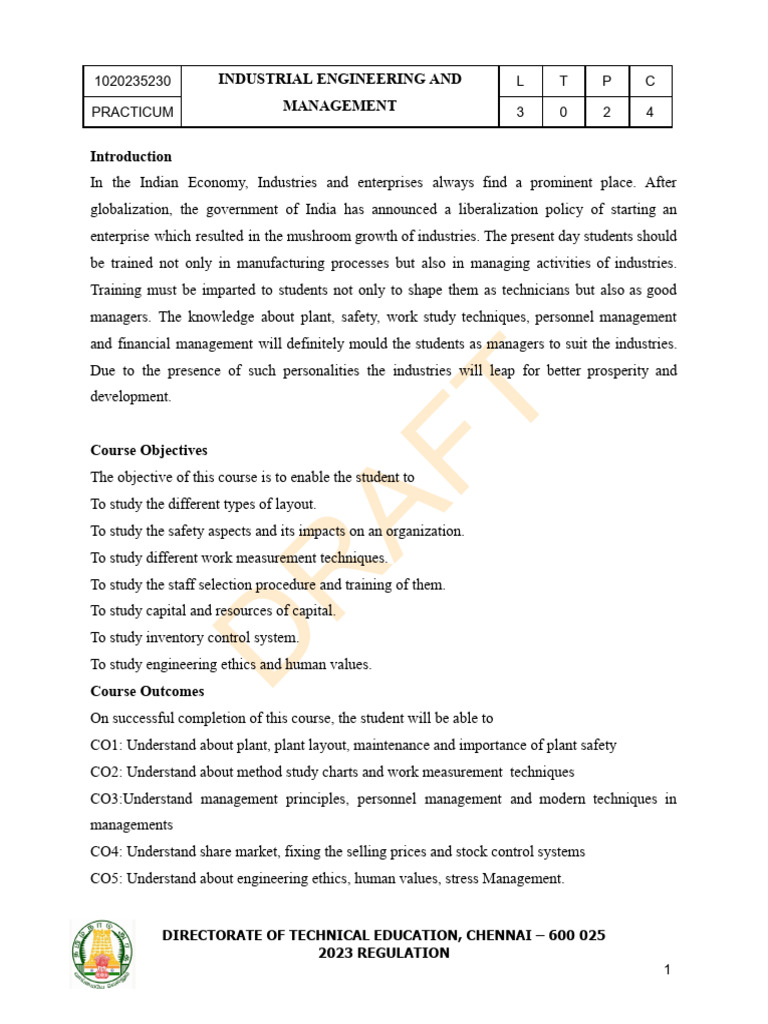 Industrial Engineering Management Course | PDF | Business