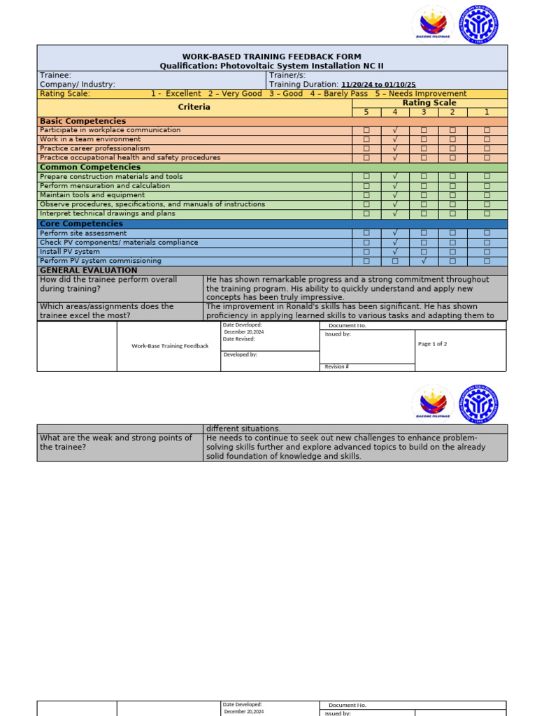 12 Work-Based-Training-Feedback-Form | PDF | Cognition | Learning