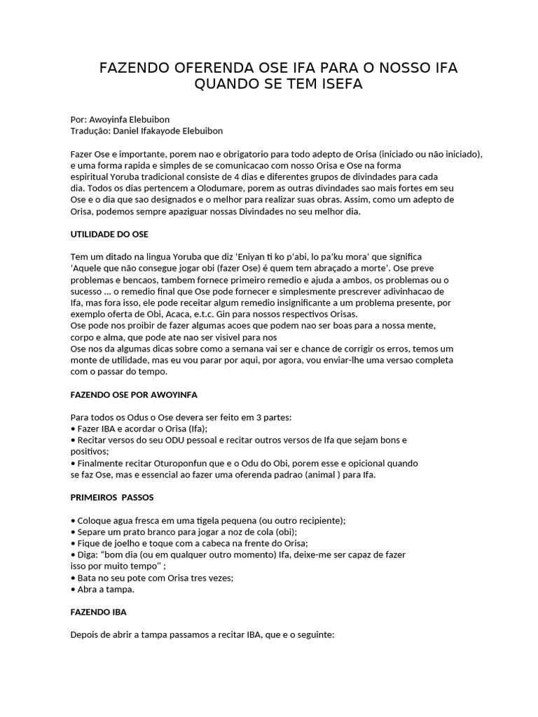 FAZENDO OFERENDA OSE IFA PARA O NOSSO IFA QUANDO SE TEM ISEFA (1) | PDF