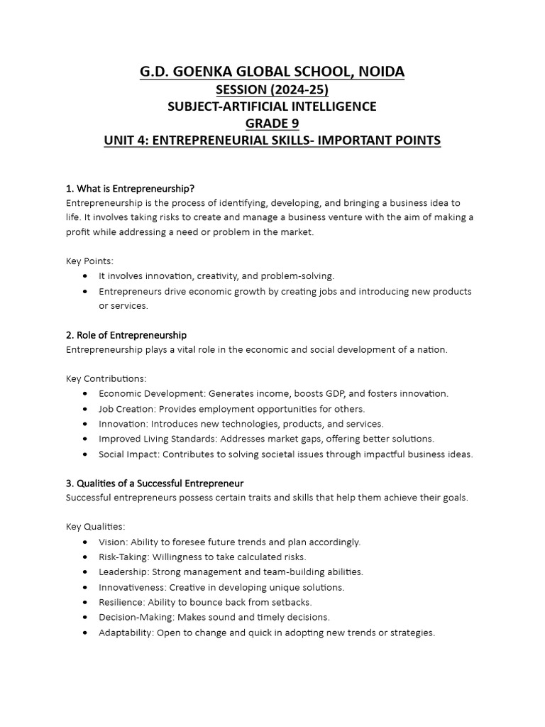 Unit 4 Entrepreneurial Skills - Important Points | PDF ...