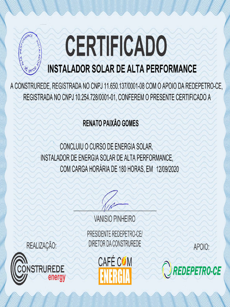 Certificado - Instalador Solar de Alta Performance | PDF