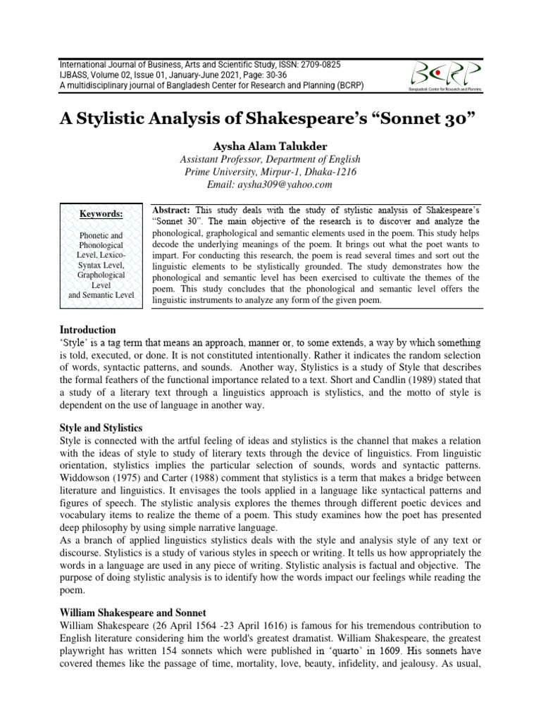 Stylistic Analysis of Shakespeare's Sonnet 30 | PDF | Sonnets | Poetry