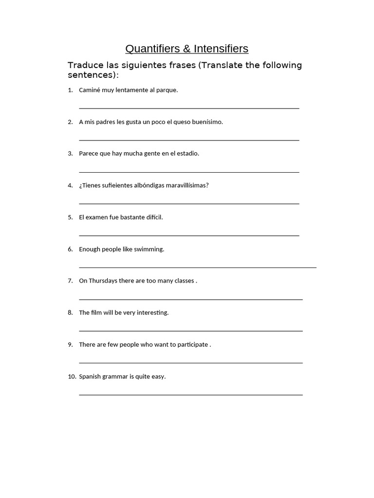 Quantifiers & Intensifiers Exercise | PDF