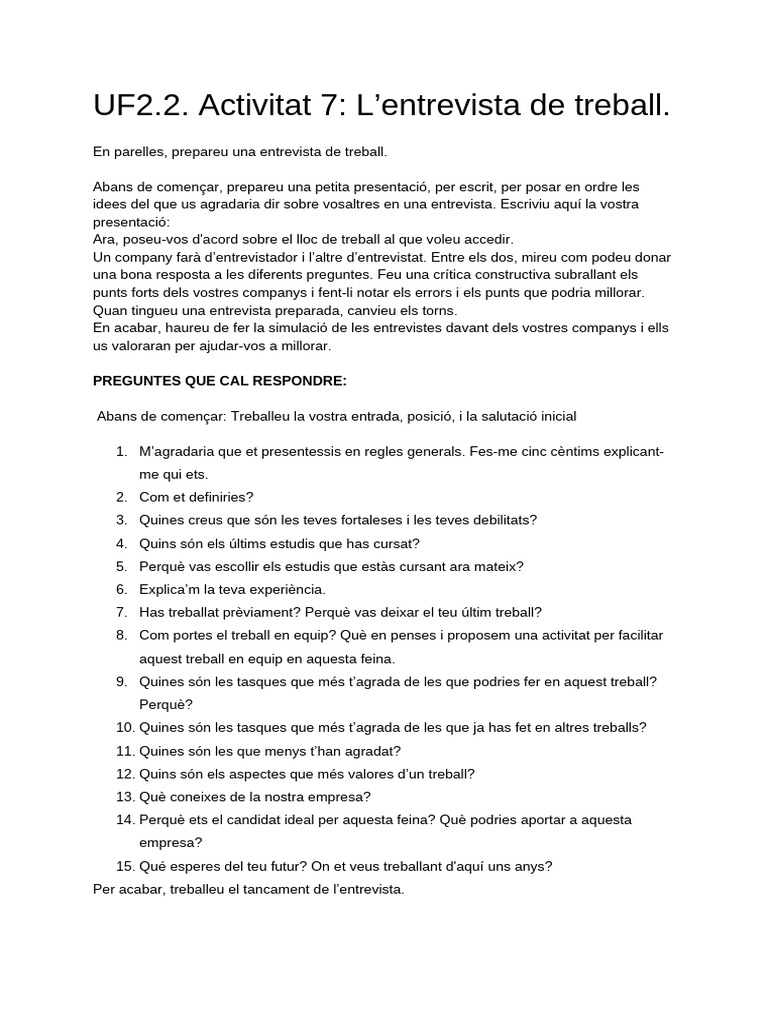 UF2.2. Activitat 7 - L'entrevista de Treball. | PDF