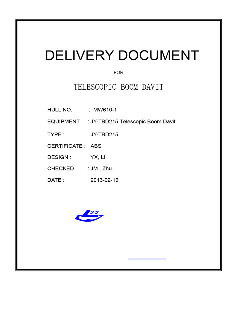 Telescopic Boom Davit Delivery Document | PDF | Valve | Clutch