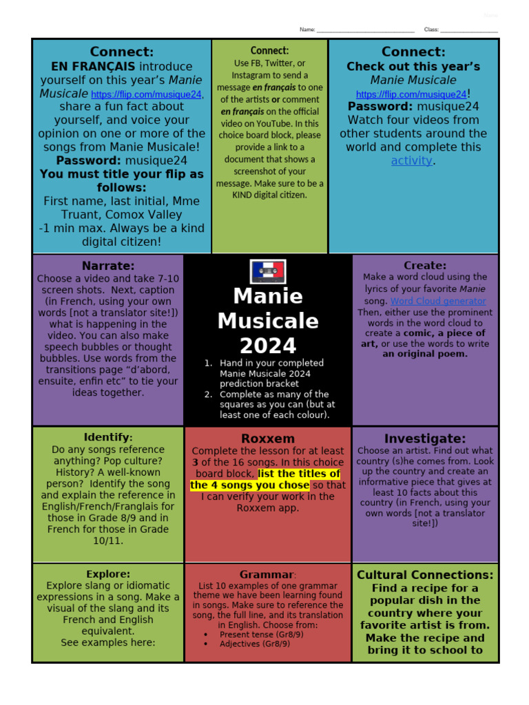 Manie Musicale Choice Board | PDF | Grammar | Linguistics
