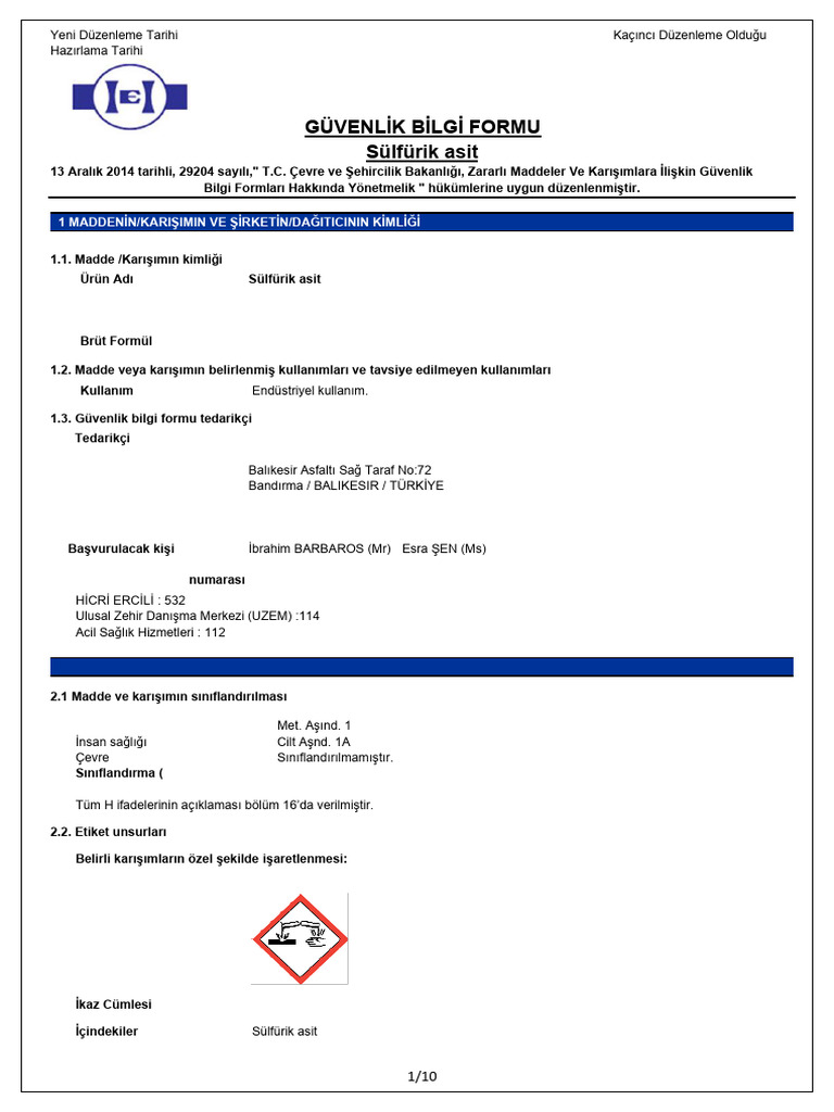 Sulfuric Acid.98% - MSDS - TR | PDF