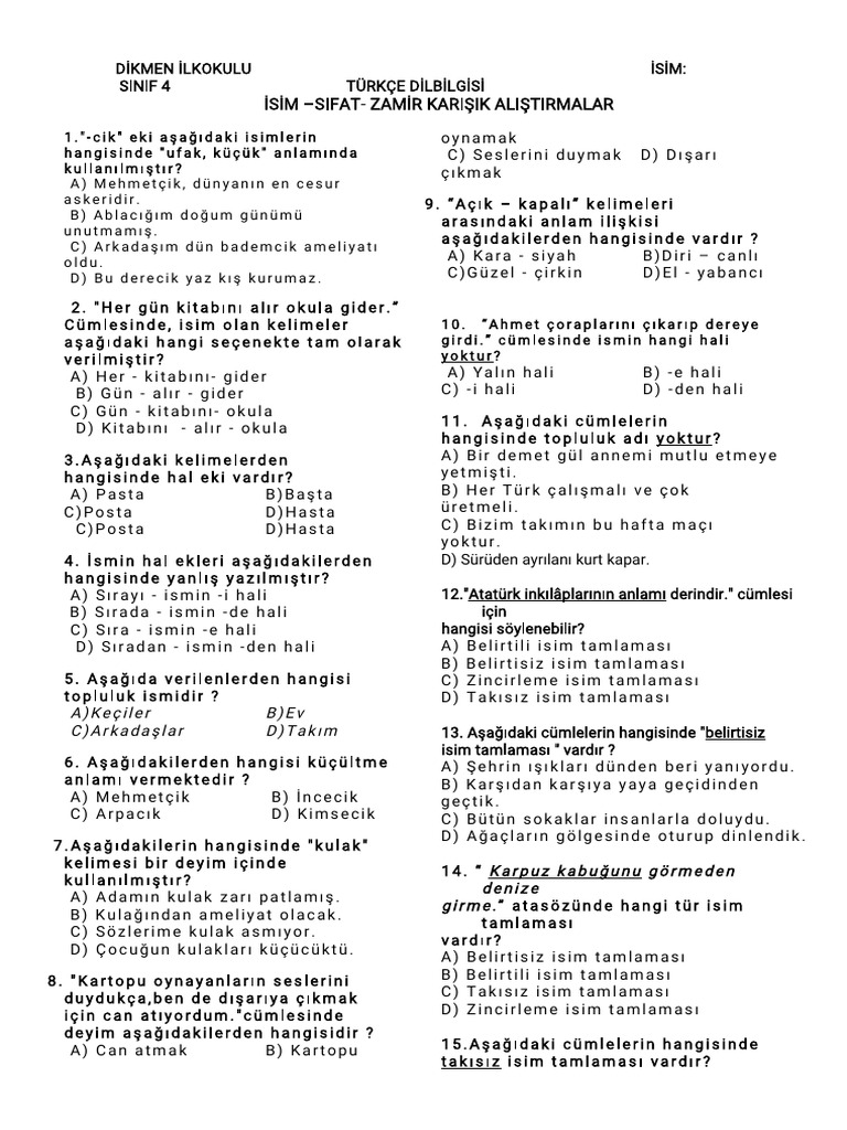 Isim-Sıfat Zamir Karışık Alıştırmalar | PDF